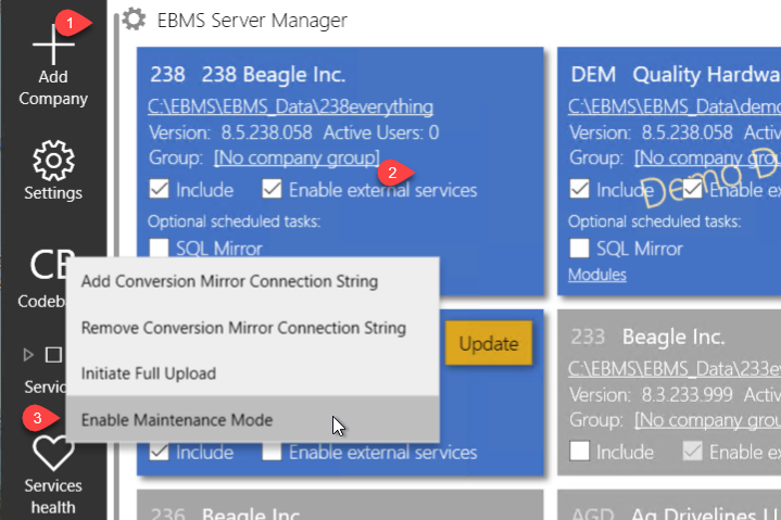 EBMS Server Manager Troubleshooting, Maintenance, and Utilities