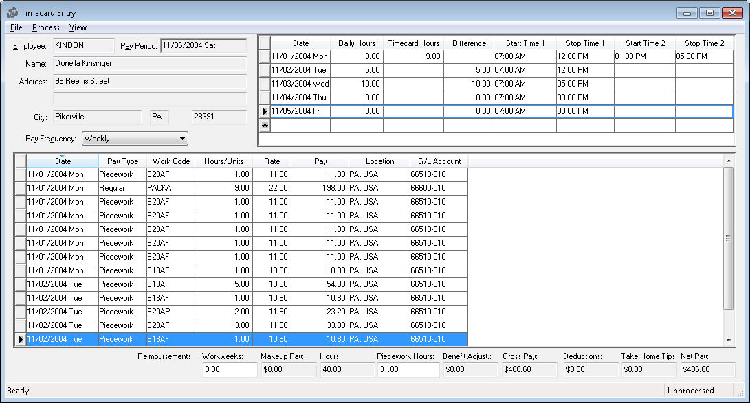 Entering Piecework Pay into the Timecard