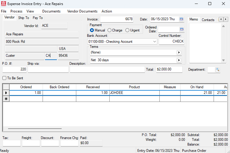 Manual Check Entry for Vendor Payments